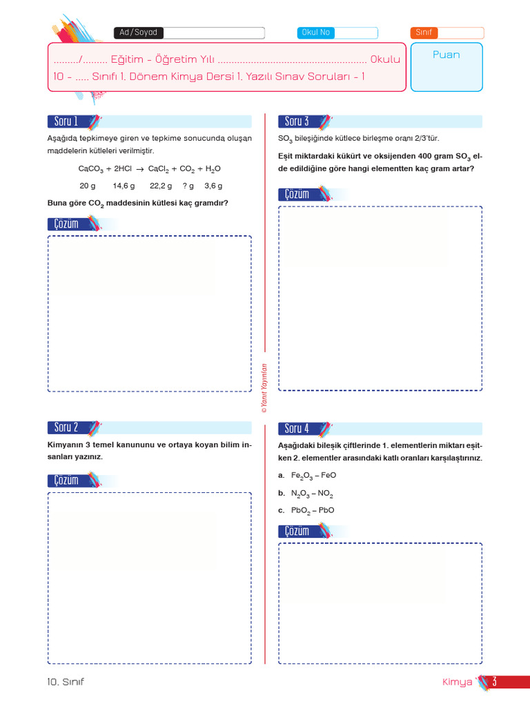 10.sinif Kimya 1.donem 1.yazili Etkinlikli Sorular | PDF
