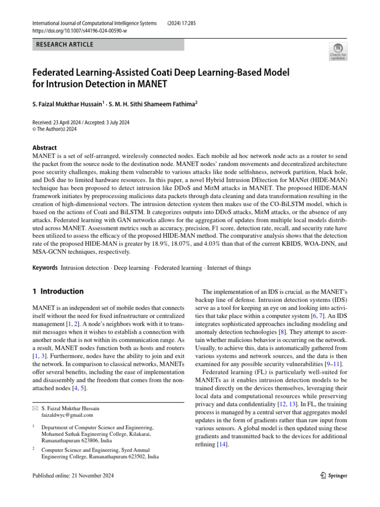 Federated Learning Assisted Coati Deep Learning Based Model For Intrusion Detection in MANET ...