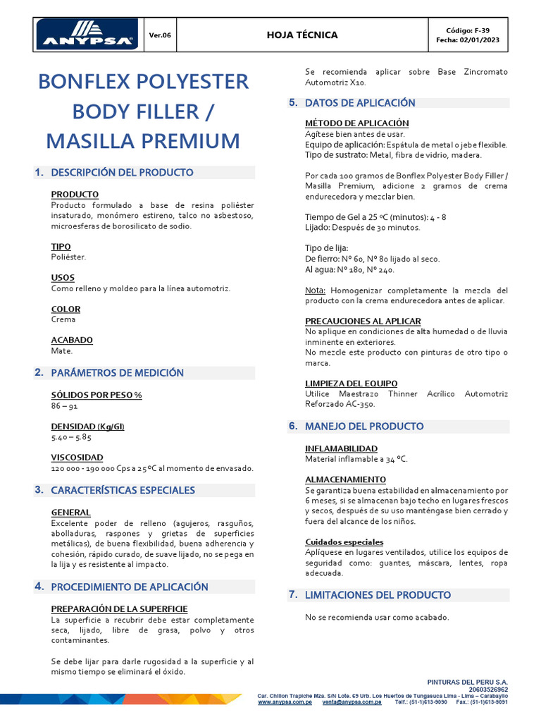 Masilla Premium Bonflex Polyester | PDF | Materiales