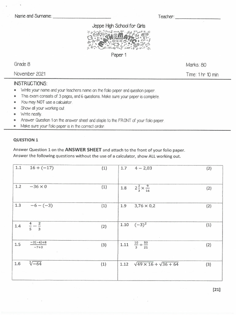 Gr8 Maths Paper1 November 2021 | PDF