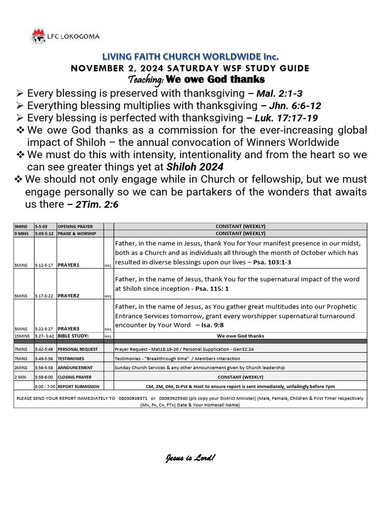 WSF Study Guide - Nov 2, 2024 | PDF | Worship | Prayer
