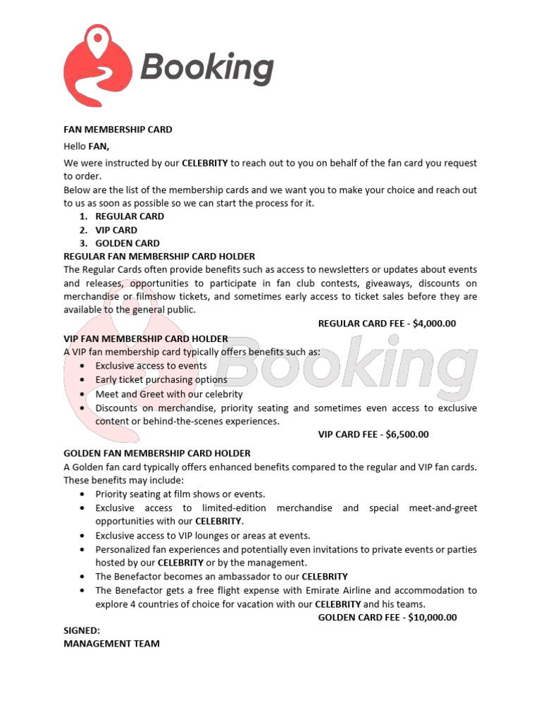 Celebrity Fan Membership Card Options | PDF
