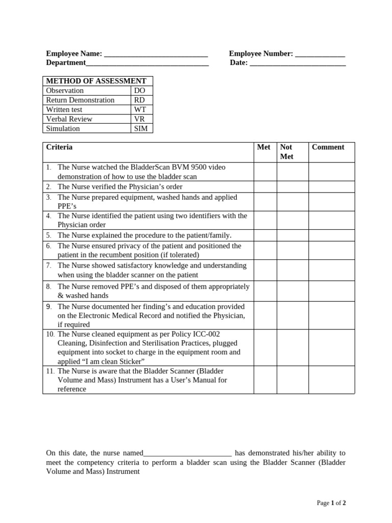 Bladder Scan Competency Assessment | PDF