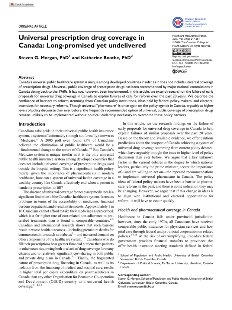 Universal Prescription Drug Coverage in Canada: Long-Promised Yet ...