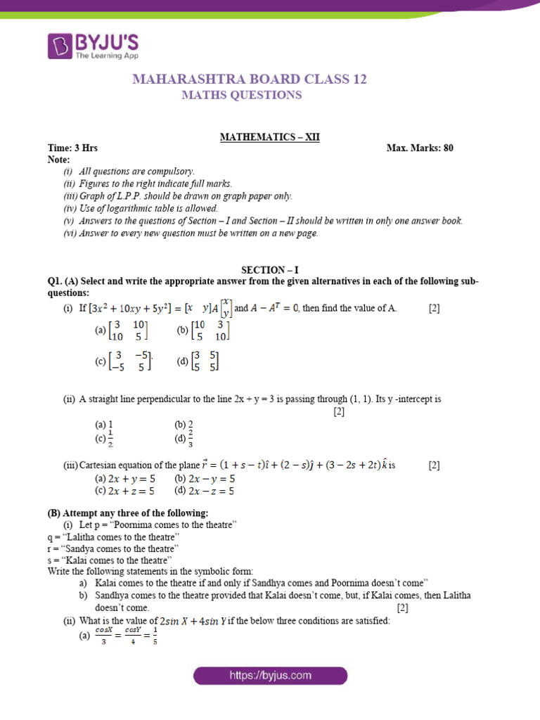 Maharashtra Board Class 12 Maths Sample Paper Questions | PDF | Line ...