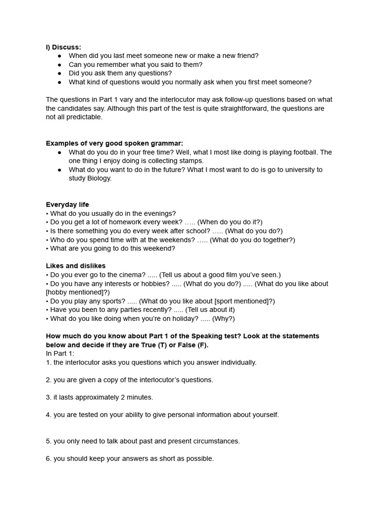 B2 First For Schools Speaking Part 1 | PDF