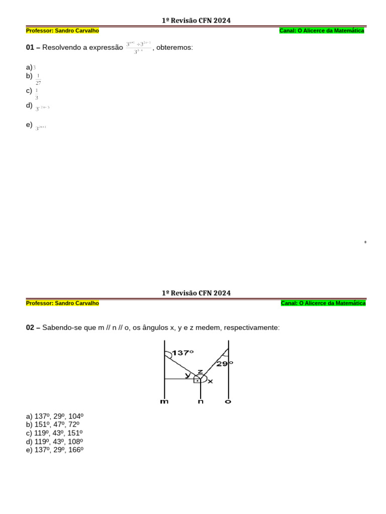 Revisão Matemática CFN 2024 | PDF | Geometria Euclidiana | Geometria Elementar