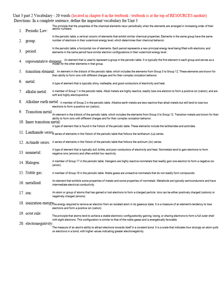 Unit 3 Vocabulary Definitions Guide | PDF | Ion | Periodic Table