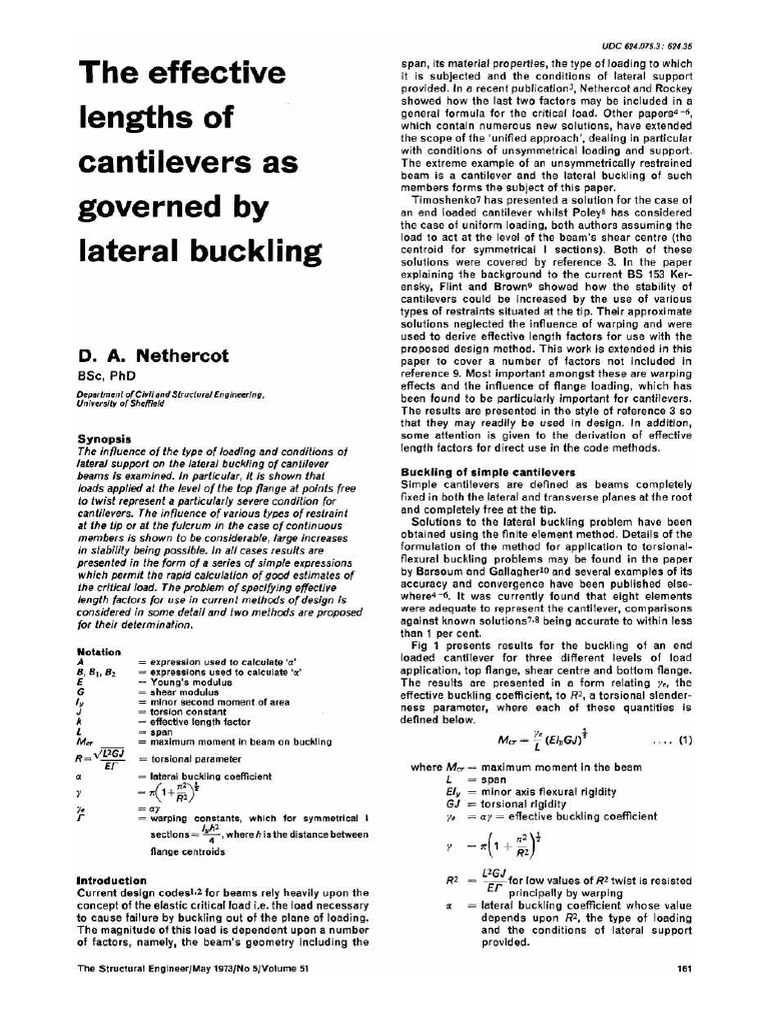 The Effective Length of Cantilevers As Goverened by Lateral Buckling | PDF