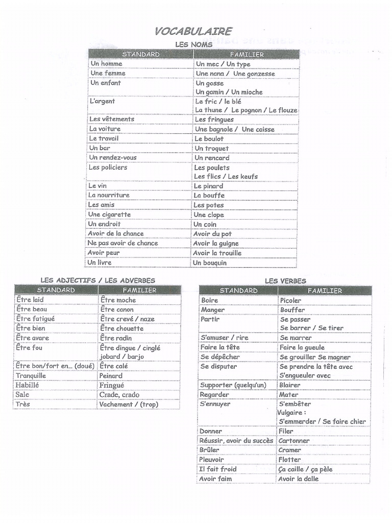 Vocabulaire Familier | PDF
