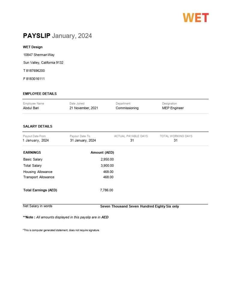 Abdul Bari - Payslip (January, 2024) | PDF