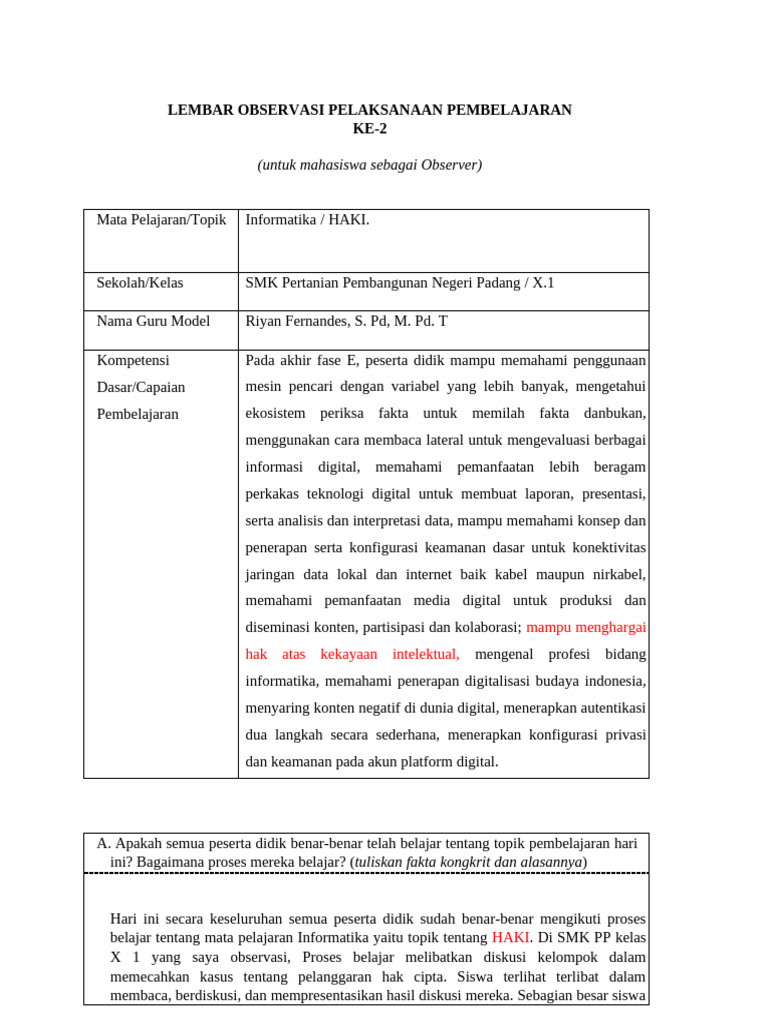 PPL I - B3-6 Unggah LK 4 - Lembar Observasi Pembelajaran Pada Pembelajaran Ke-2 - Miftahul Rahmi ...