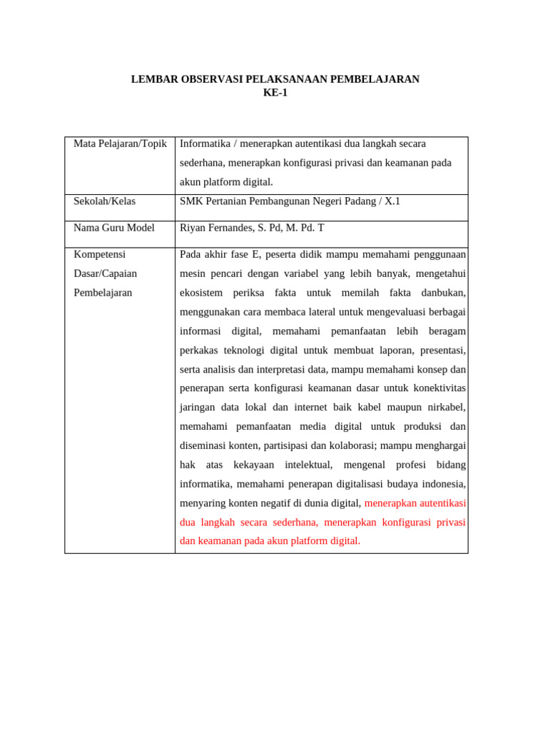 PPL I - B3-4 Unggah LK 4 - Lembar Observasi Pembelajaran Pada Pembelajaran Ke-1 - Miftahul Rahmi ...