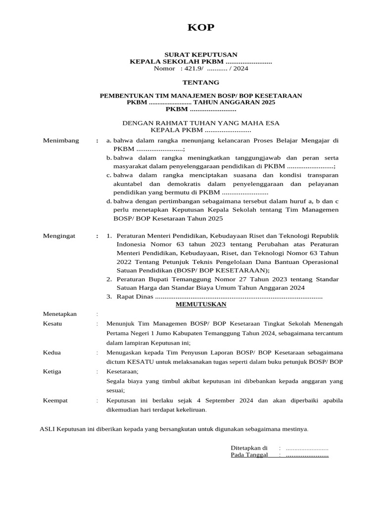 SK Tim Manajemen BOS 2025 PKBM | PDF