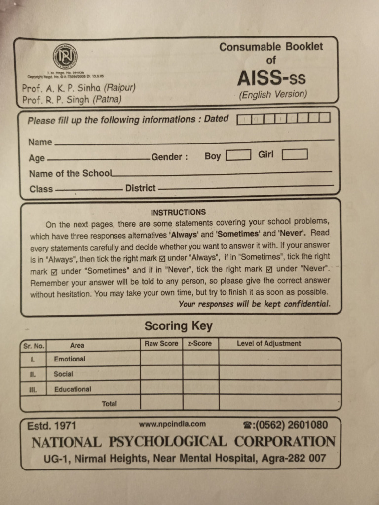 Aiss Scoring Sheet | PDF | Psychology