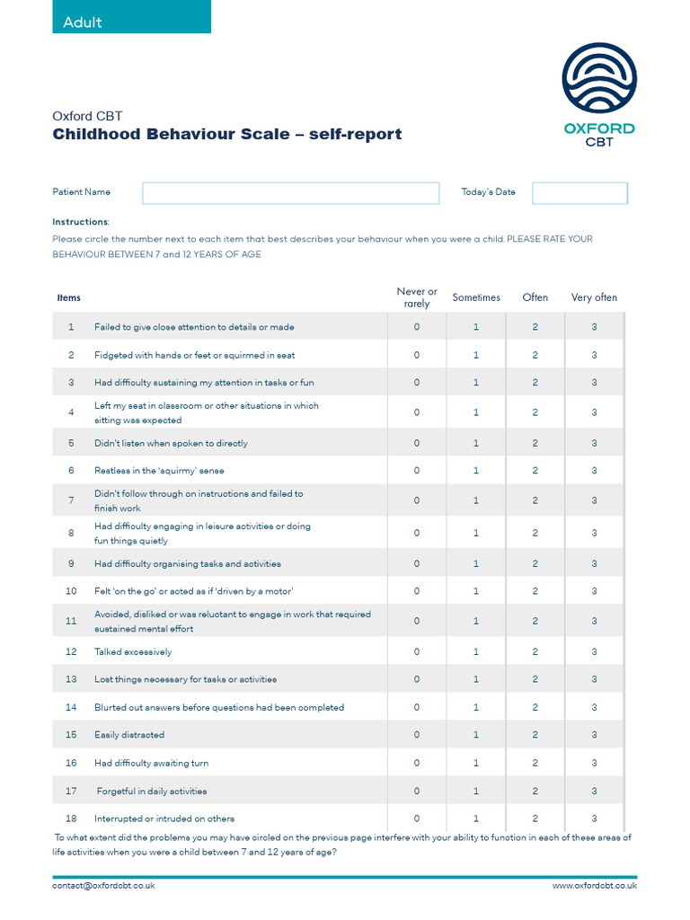 Childhood Behaviour Scale - Self Report | PDF | Attention Deficit Hyperactivity Disorder ...