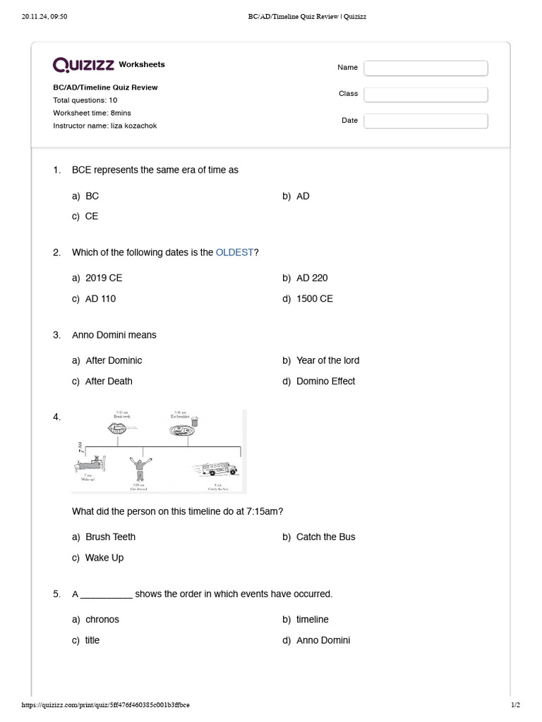 BC/AD Timeline Quiz Worksheet | PDF | Anno Domini | Common Era