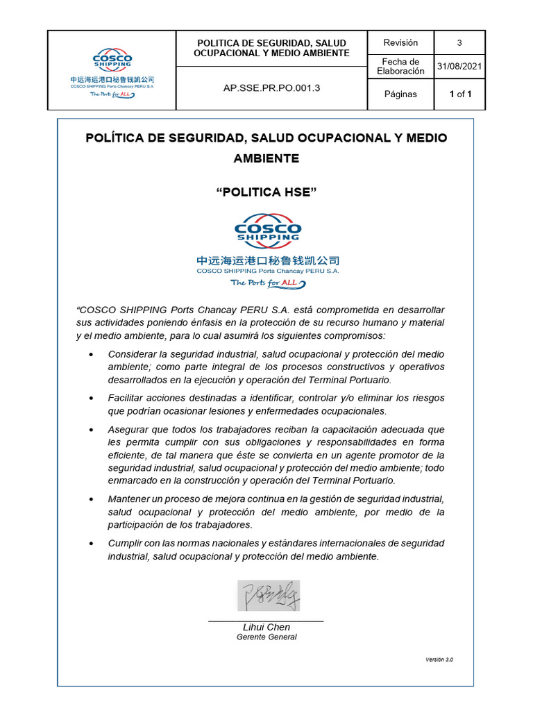 AP - SSE.PR - PO.001.3 - POLITICA HSE - Rev3 - Esp | PDF