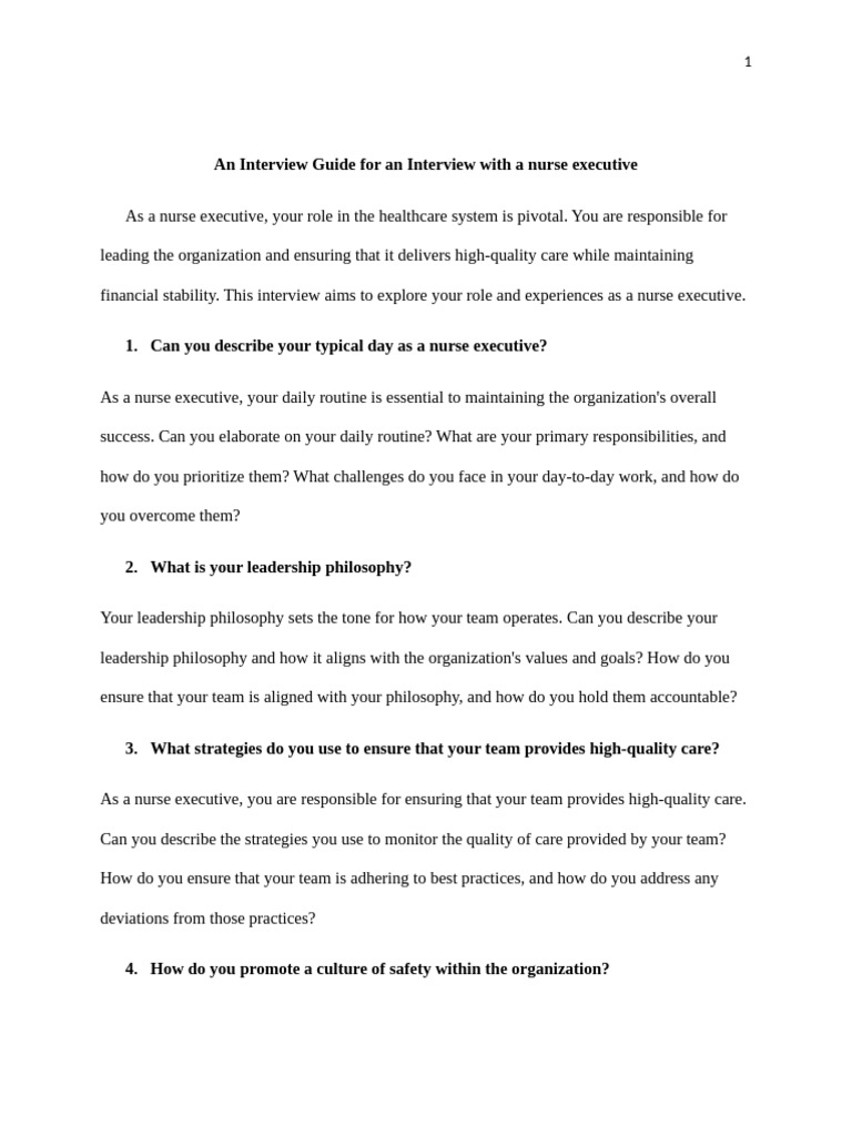 An Interview Guide For An Interview With A Nurse Executive - 1 | PDF ...