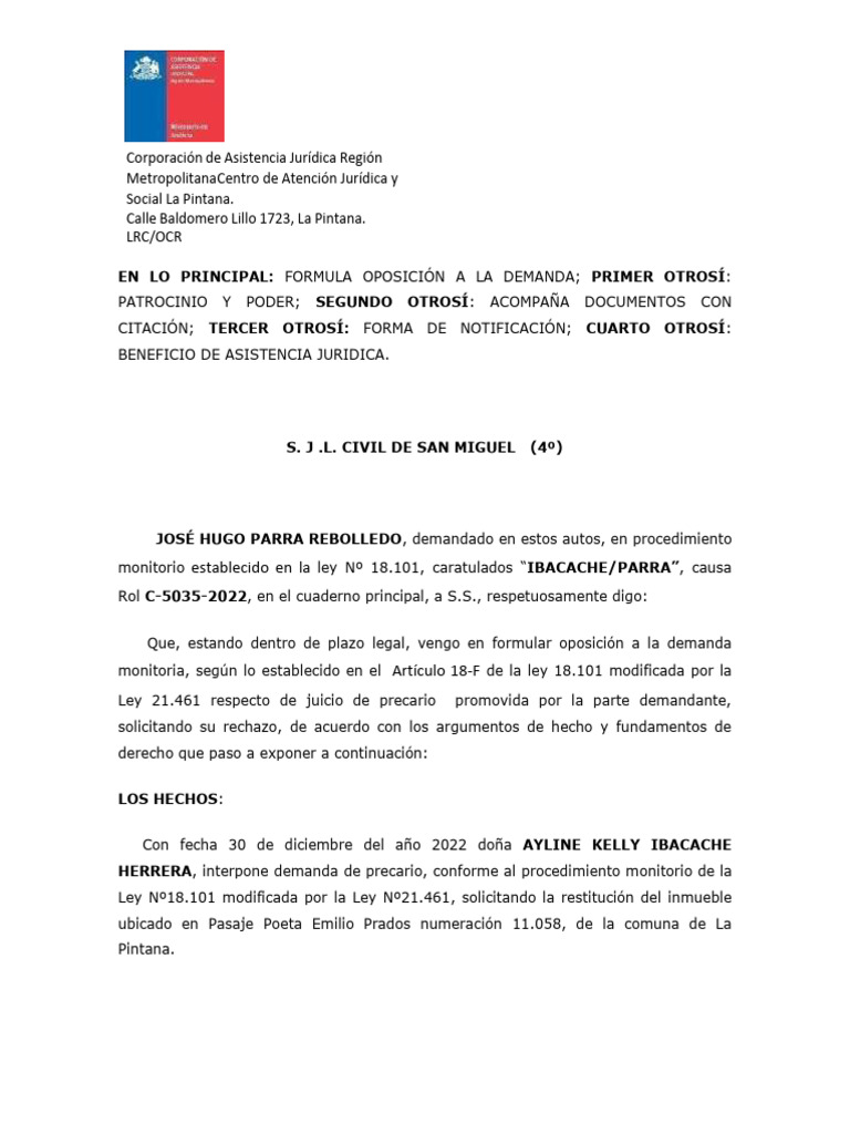 Oposición a Demanda de Juicio Precario | PDF | Demanda judicial ...