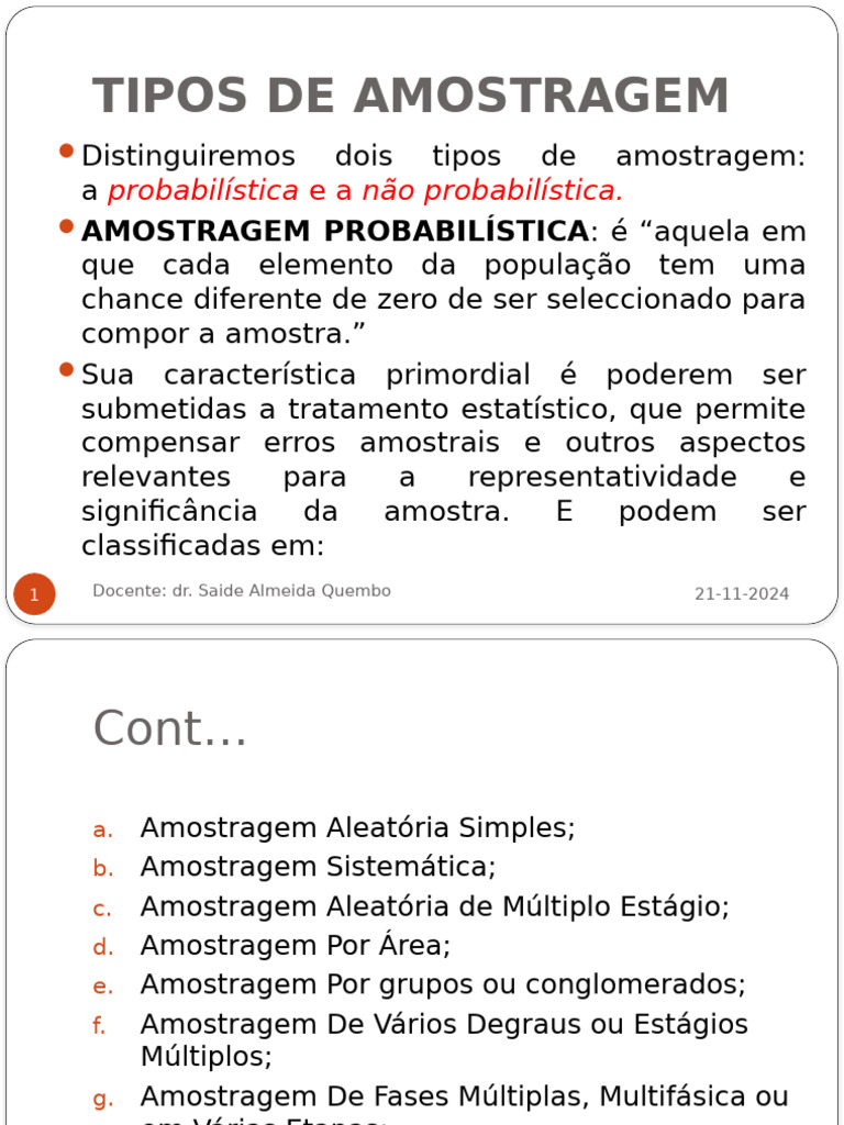Aulas Amostragem Tipos | PDF | Amostragem (Estatística) | Probabilidade
