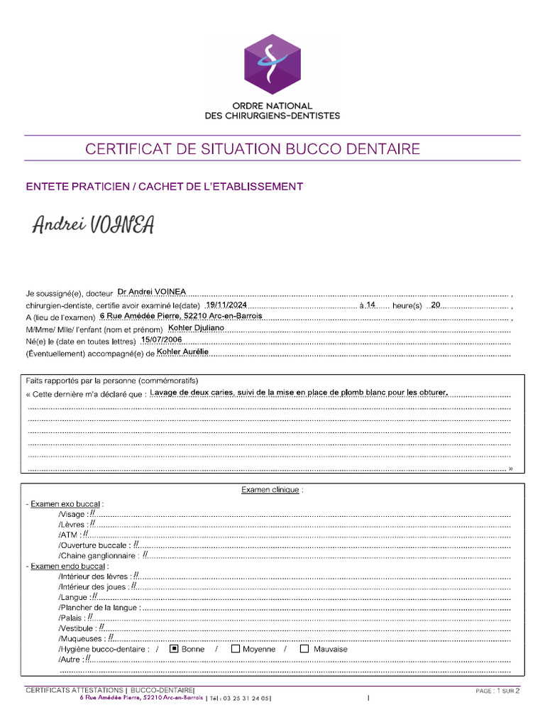 Certificat de Situation Bucco Dentaire Modele ONCD | PDF