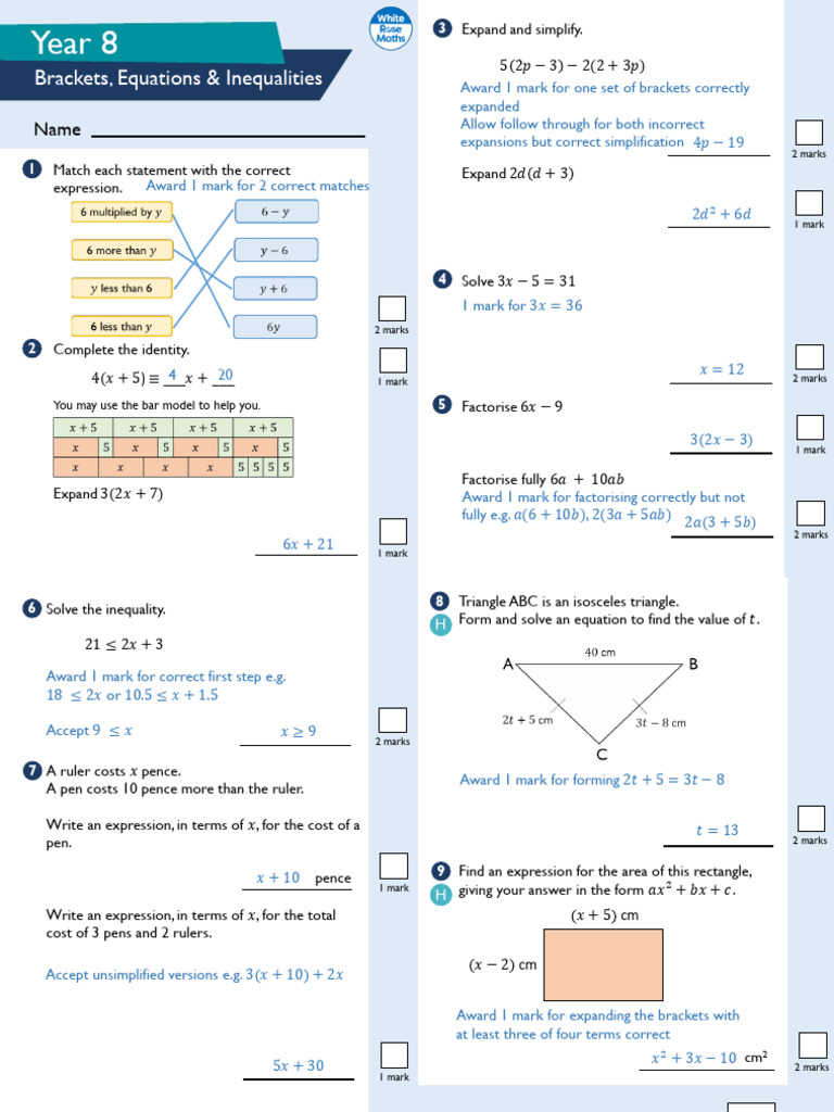 WRM Year8 Spring Block 1 Brackets Equations Inequalities Mini Assessment Answers A | PDF ...