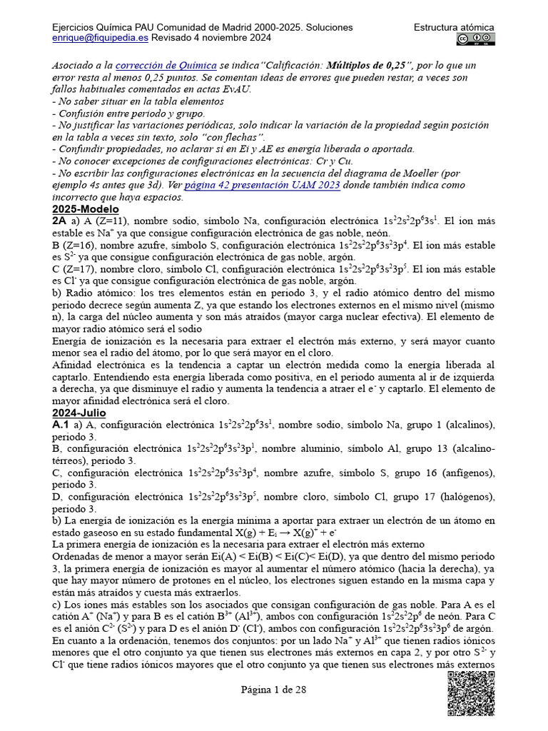 Q2 PAU EstructuraAtómicaClasificacionPeriódicaElementos Soluc | PDF | Configuración electronica ...