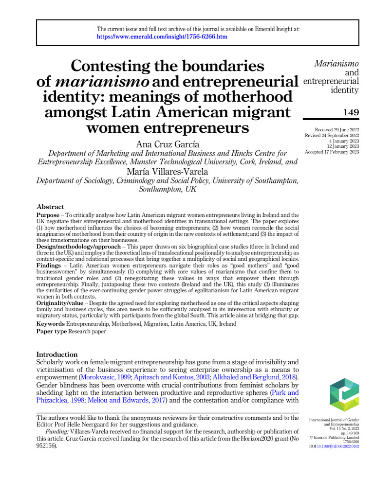 Garcia - Marianismo & Entrepreneurial Identity. Meanings of Motherhood ...