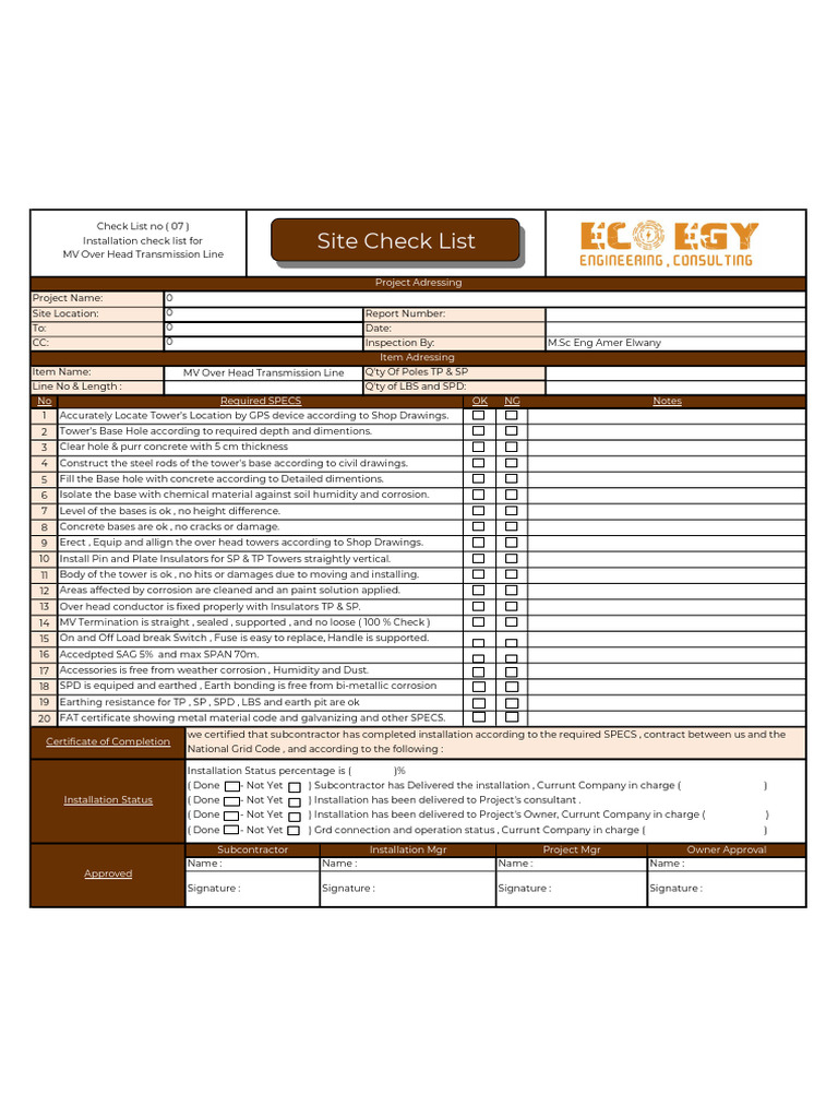 MV Overhead Transmission Line Checklist | PDF | Corrosion | Concrete