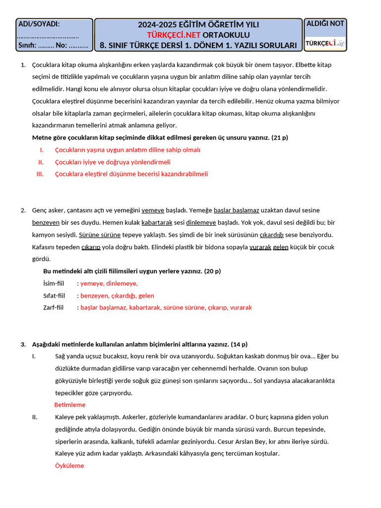 2024 2025 Egitim Ogretim Yili Turkce Dersi HECCE Yayinlari 8. Sinif 1. Donem 1. Acik Uclu Sinav ...