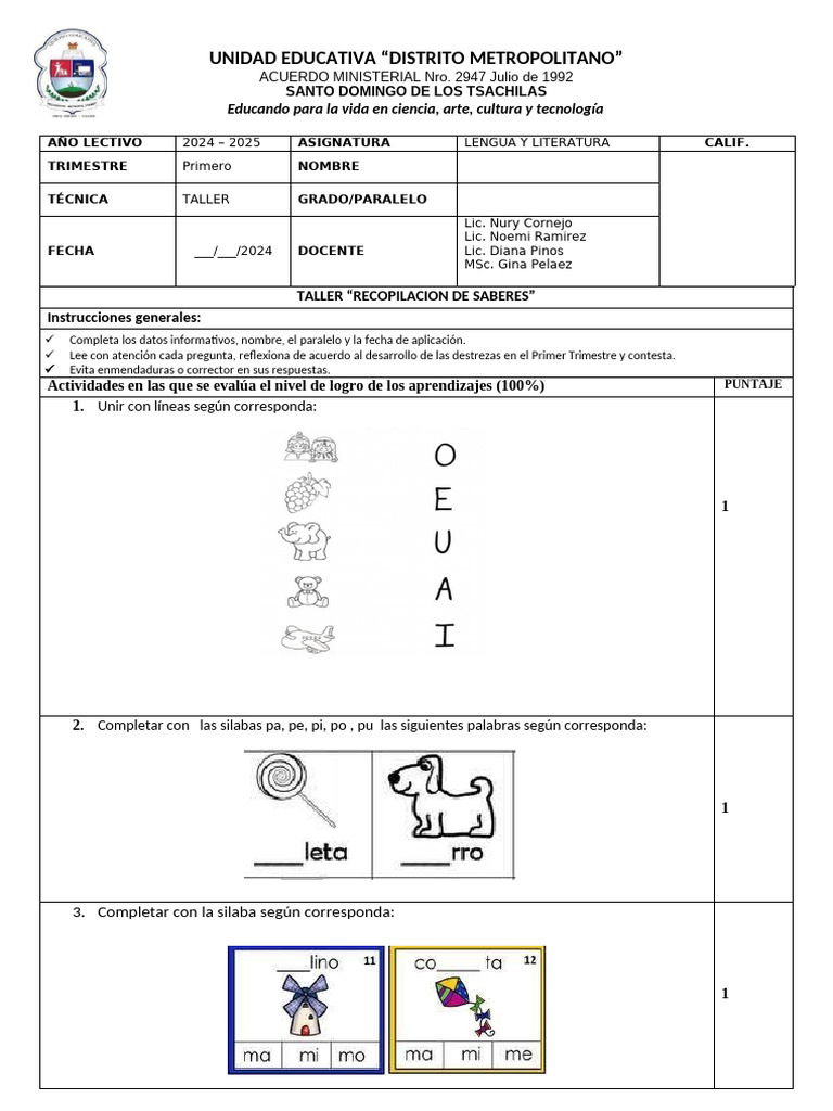 Evaluacion 2do Egb 2024 | PDF | Maestros