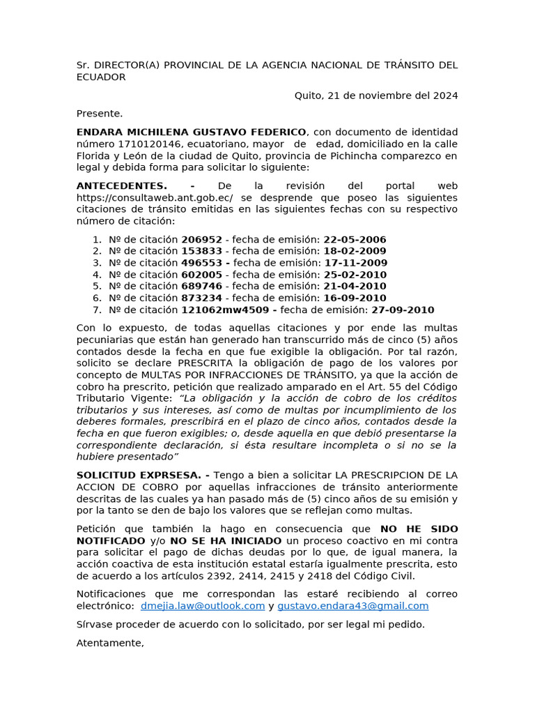 Escrito Prescripcion de Multas Gustavo Endara | PDF | Estatuto de limitaciones | Justicia