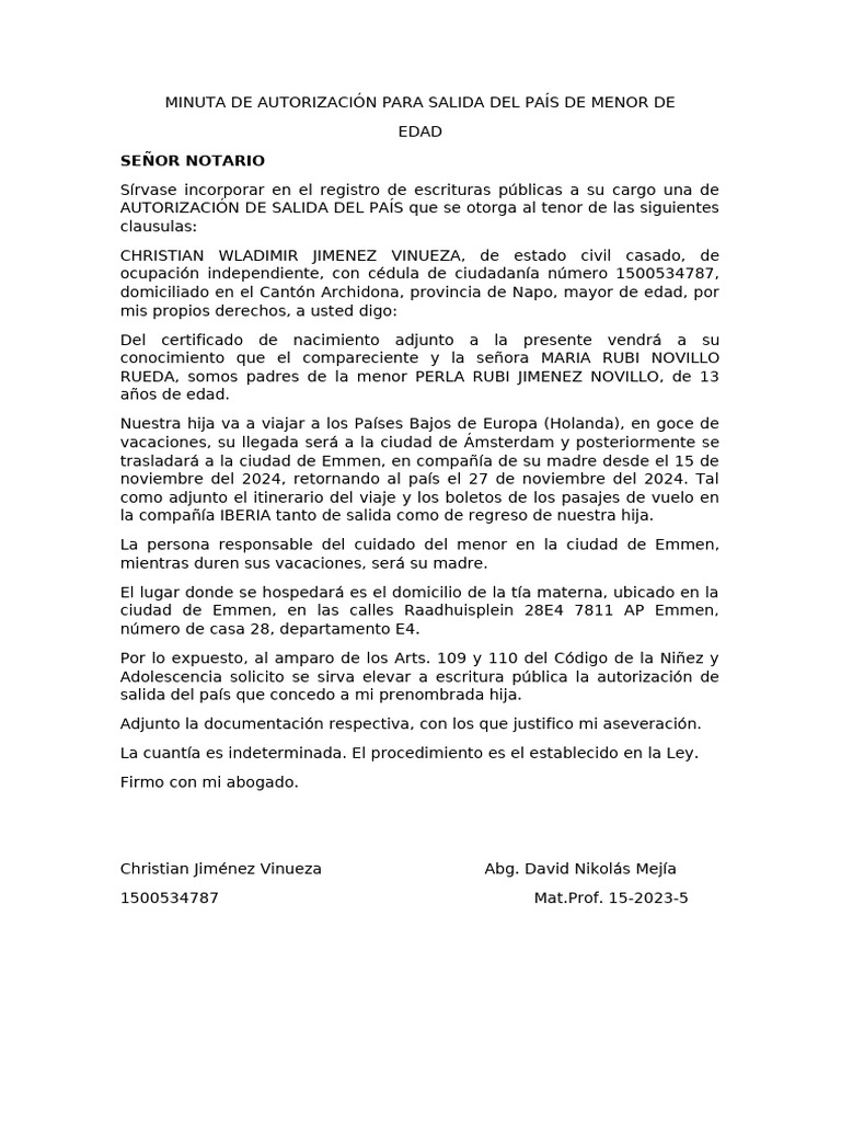 Minuta Salida de Pais Perla Jimenez | PDF | Derecho