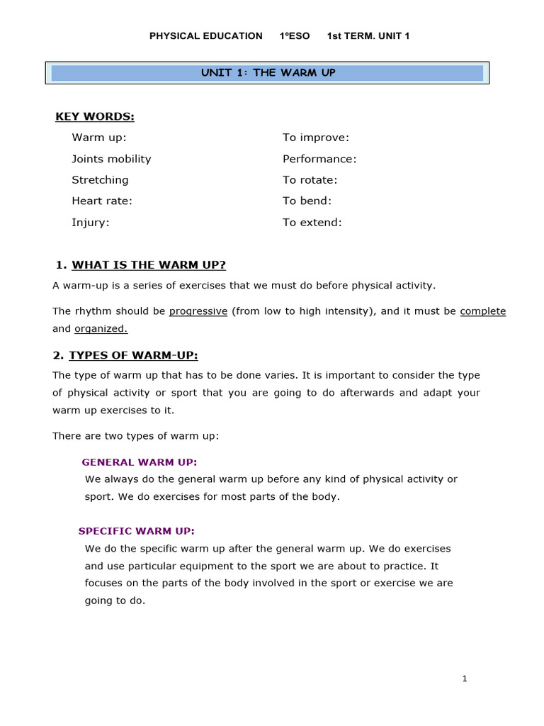 1ºESO - Unit1.THE WARM UP.202324 | PDF | Musculoskeletal System | Physical Fitness