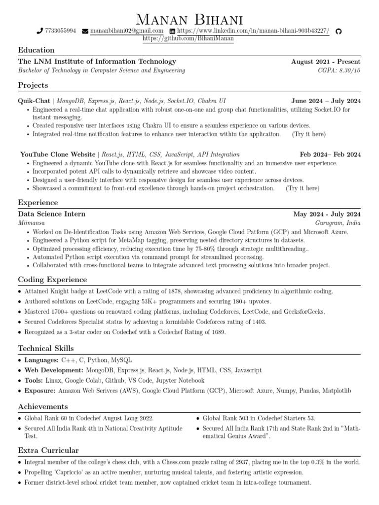 Resume MananBihani | PDF | User Interface | Software Development