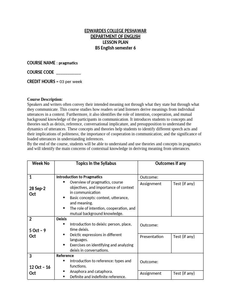 Pragmatics Lesson Plan Overview | PDF | Human Communication | Linguistics