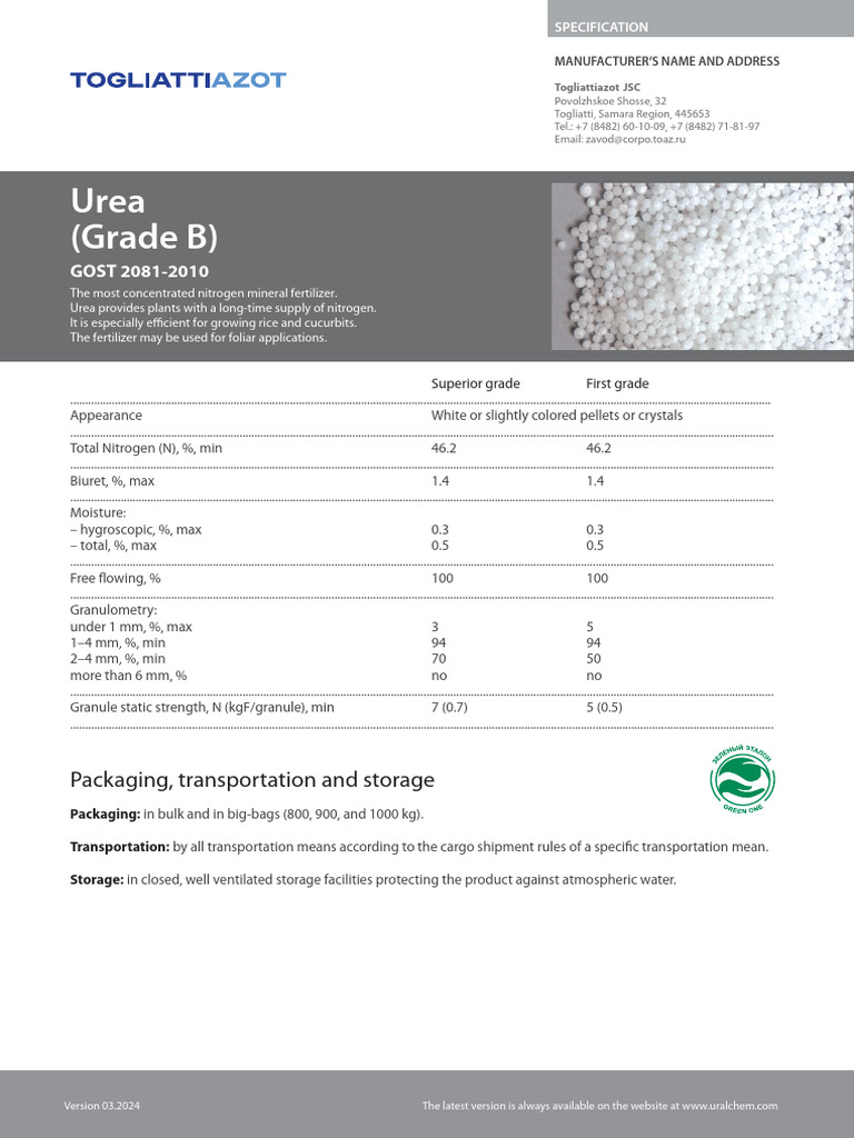 Urea Fertilizer Grade B Specifications | PDF | Fertilizer | Urea