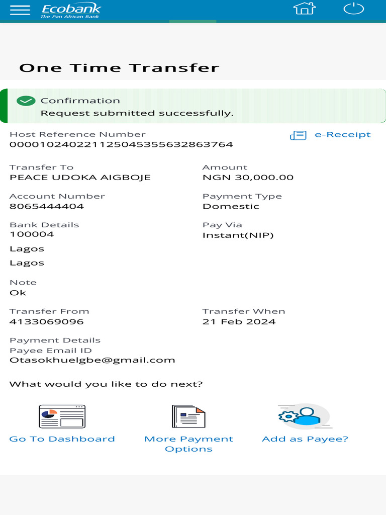 One-Time Transfer Confirmation | PDF
