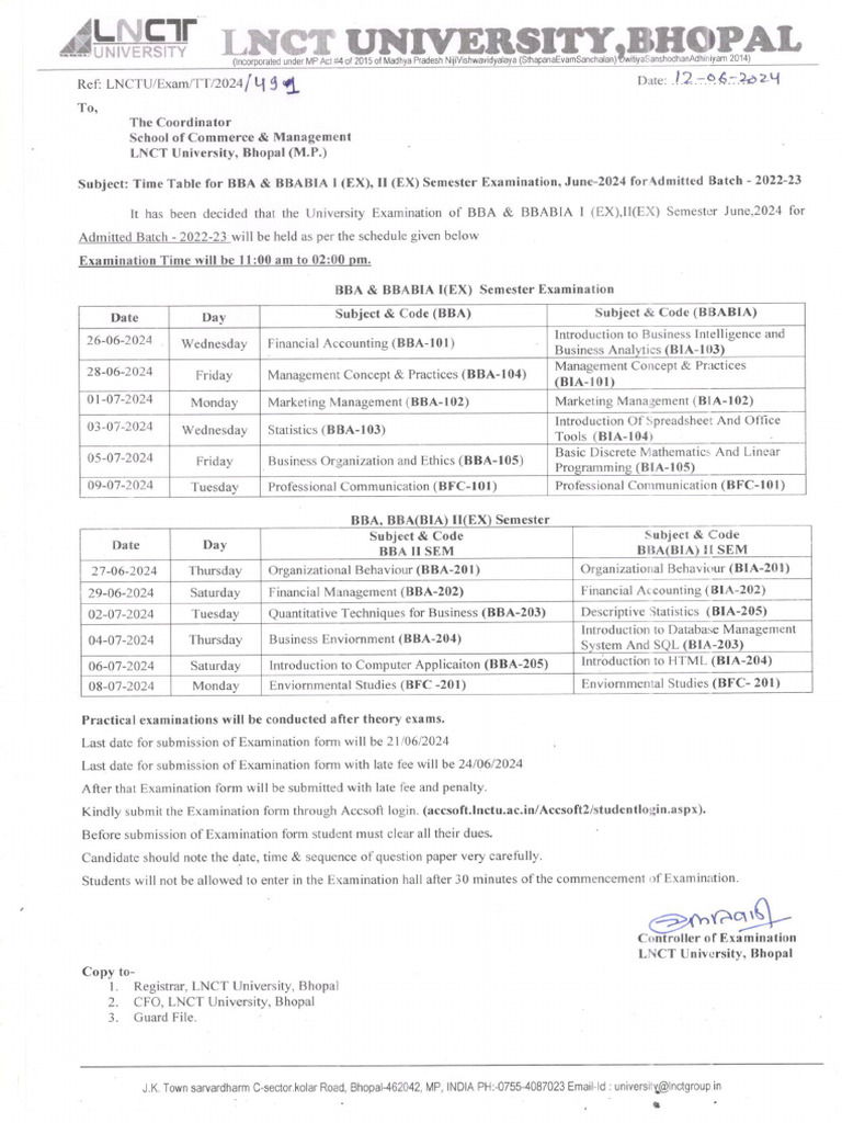 Bba, Bba (Bia) I, II Sem Time Table Batch 2022-23 | PDF