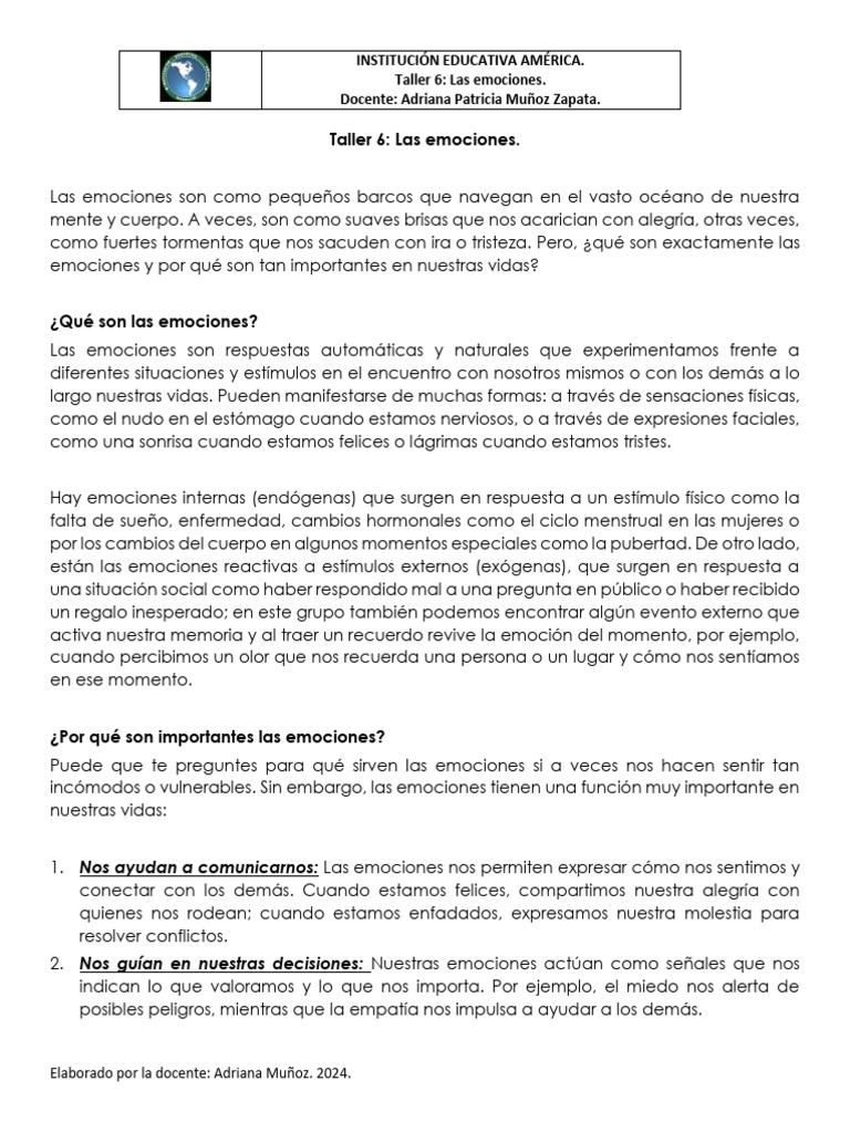 Taller 6 Las Emociones | PDF | Las emociones | Sicología