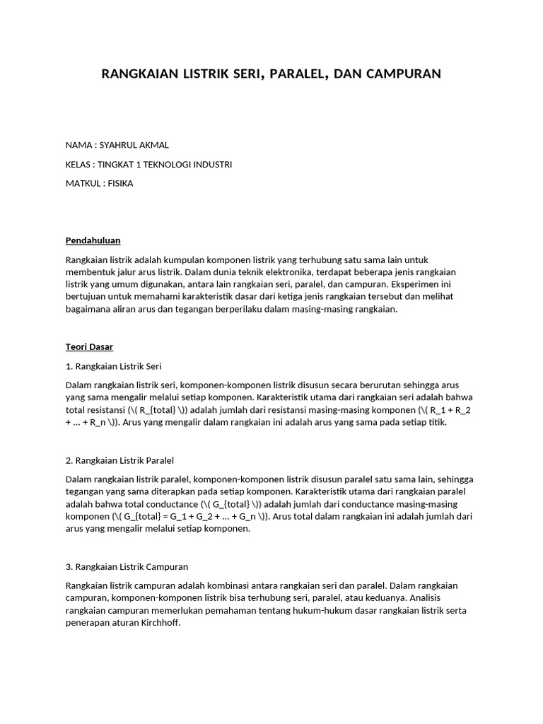 Rangkaian Listrik Seri, Paralel, Dan Campuran - Syahrul Akmal | PDF