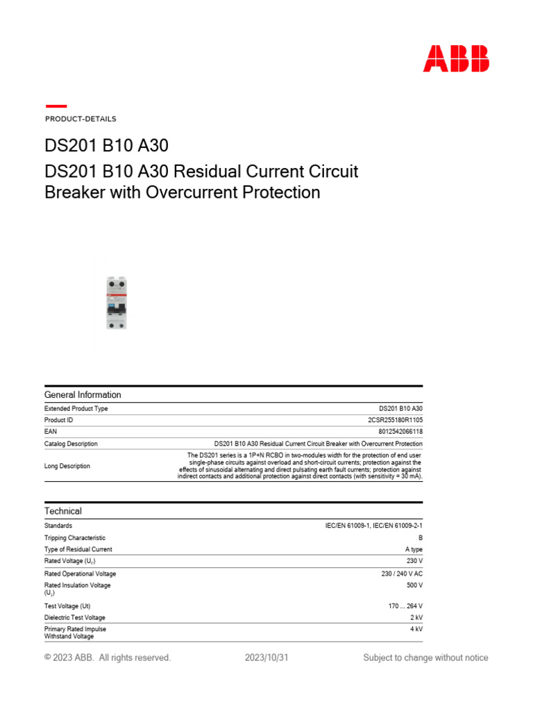 Abb 10a 30ma 2 Pole Rcbo 2CSR255180R1105 ds20 | PDF | Electrical ...
