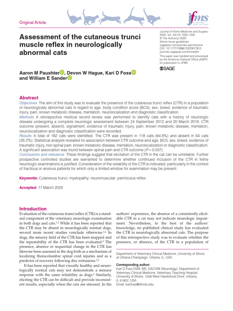 Cutaneous Trunci Reflex in Cats | PDF | Neurology | Pain