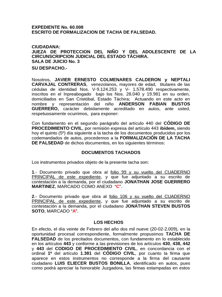 Tacha de Falsedad en Documentos Judiciales | PDF | Procedimiento Civil ...