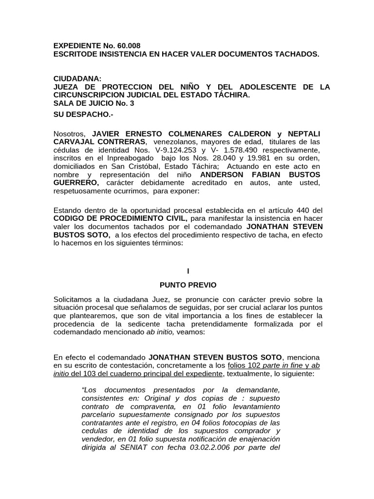 Insistencia en Documentos Tachados | PDF | Procedimiento Civil | Ley ...