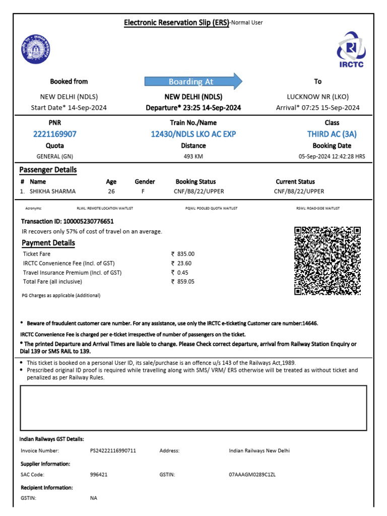 12430/Ndls Lko Ac Exp Third Ac (3A) | PDF | Identity Document