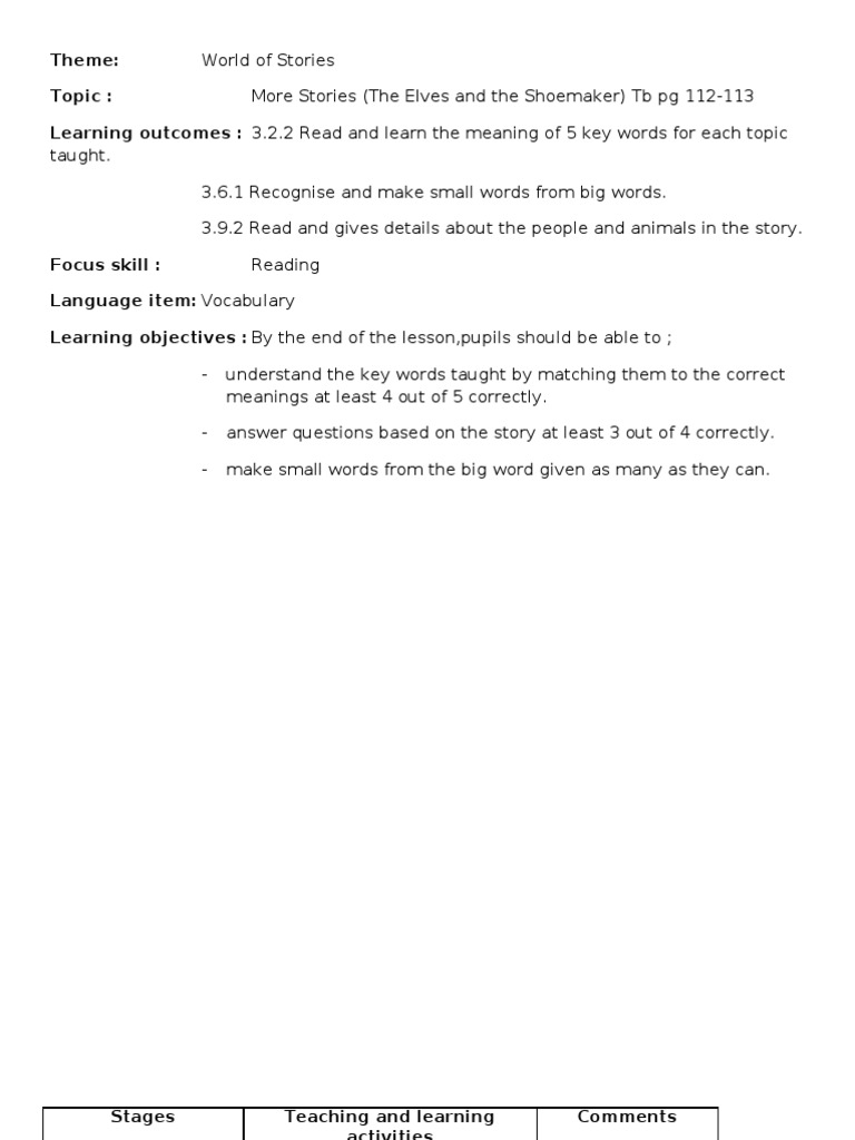 Elves and Shoemaker Lesson Plan | PDF | Shoe | Reading (Process)