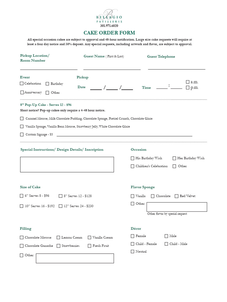 MGM National Harbor Dining Patissirie Cake Order Form | PDF | Cakes ...