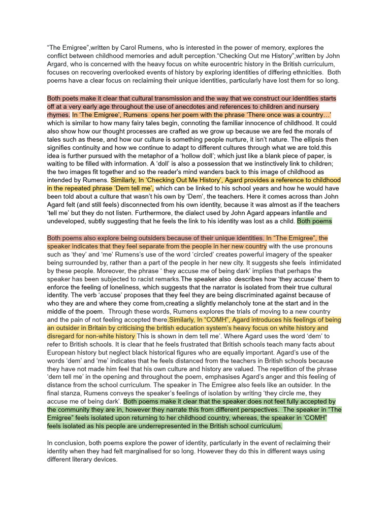 COMH + Emigree Aqa Poetry Comparison | PDF | Poetry